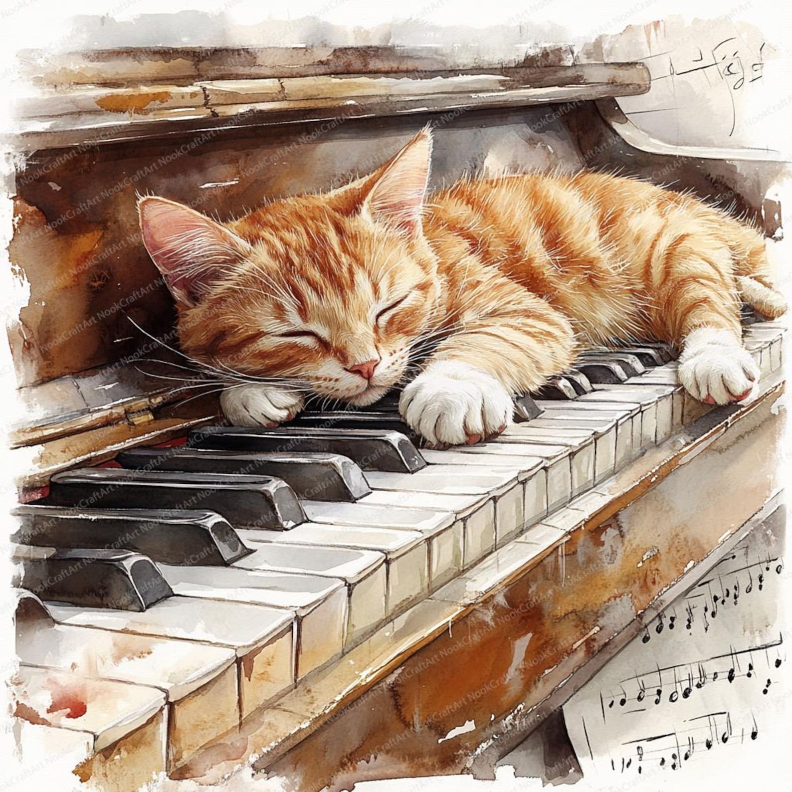 21 Sleeping Cat on Piano Clipart | Cozy Musical Feline Illustration ...