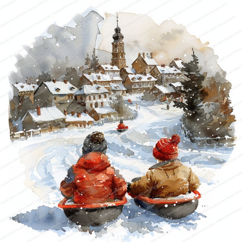 12 Cliparts Kids on Sleds Winter Clipart Printable Watercolor Clipart ...