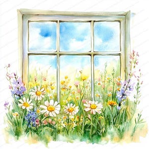 17 Window Scenes With Meadow View Clipart | Window With Blooming ...