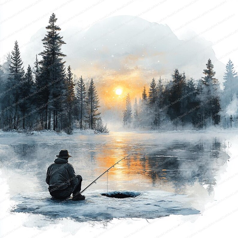 22 Frozen Lake Fishing Clipart | Winter Ice Fishing Scene | Printable ...