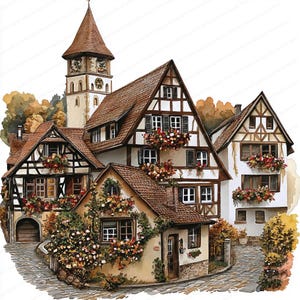 20 Watercolor English Village Houses Clipart Bundle | Printable ...