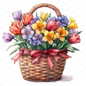 20 Spring Floral Basket Clipart | Flowers and Ribbons Illustration ...
