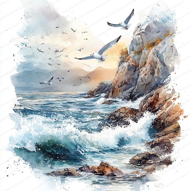18 Seaside Cliffs Clipart | Majestic Gulls and Waves | Printable ...