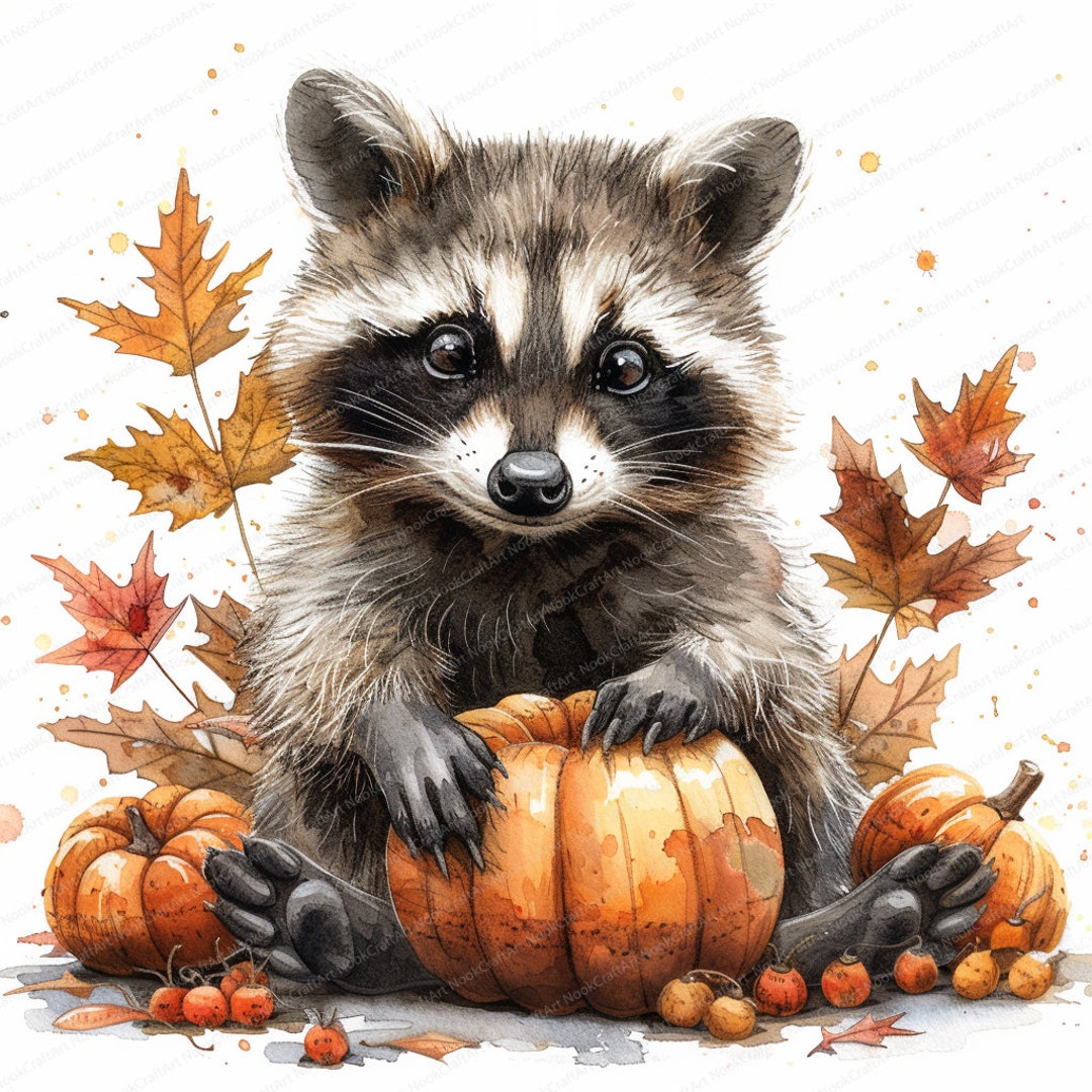 12 Cute Fall Raccoons Clipart | Watercolor Autumn Raccoon | High ...