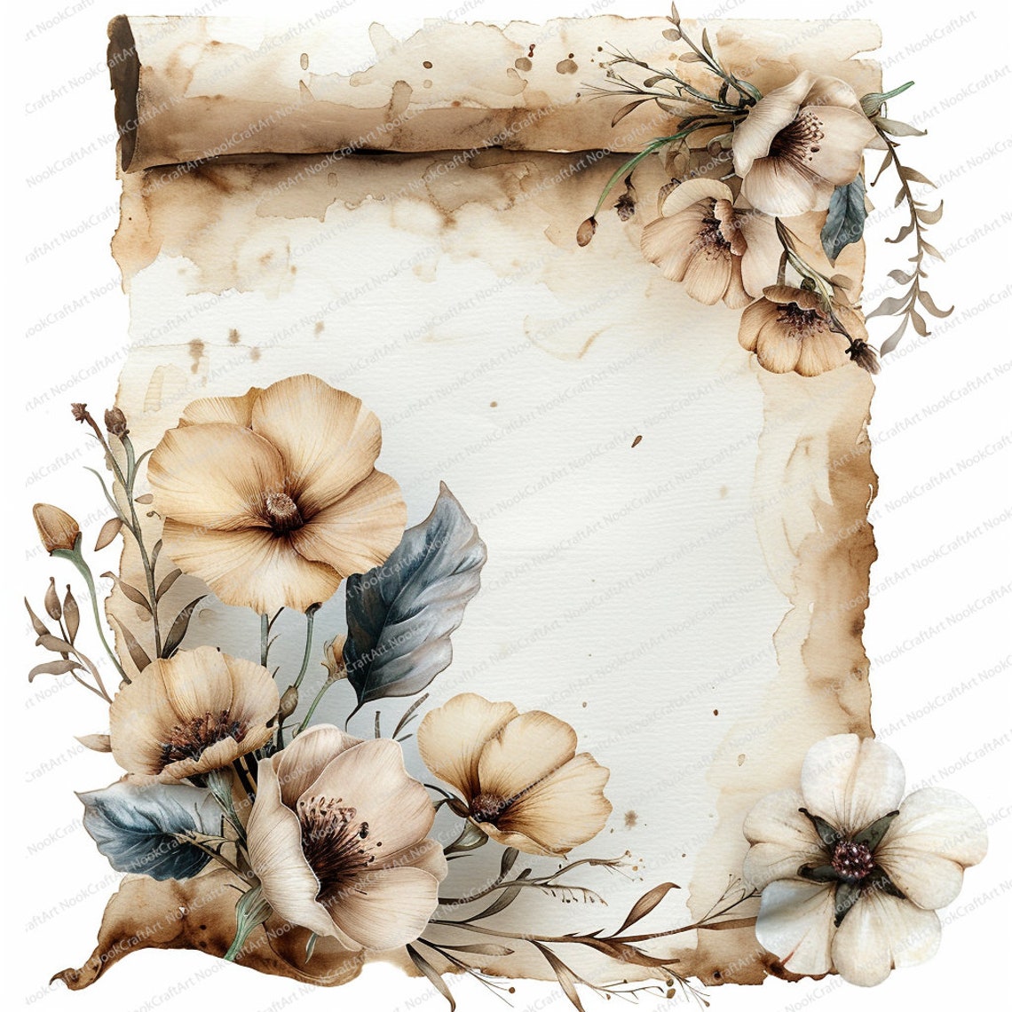 12 Vintage Scroll Clipart Floral Old Paper High Quality Jpgs Printable Watercolor Clipart ...