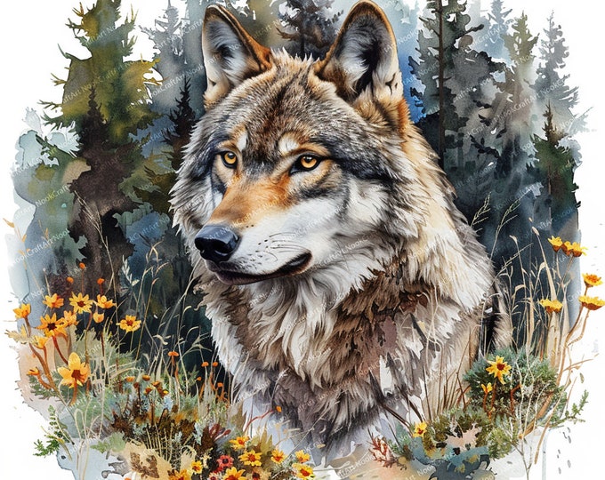 14 Wolf in Summer | Printable Watercolor Clipart | High Quality Jpgs ...
