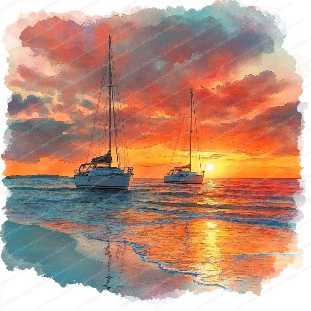23 Beach Sunset Clipart With Boats | Nautical Yacht Seascape Art ...