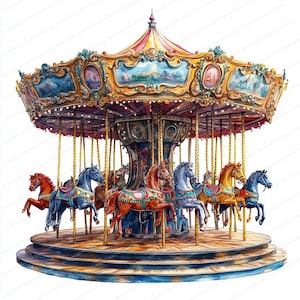 18 Carousel Horse Clipart | Whimsical Fairground Illustrations| Printable Watercolor Clipart ...