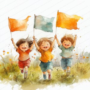 14 Children Running With Flags Clipart | Colorful Kids Illustrations ...