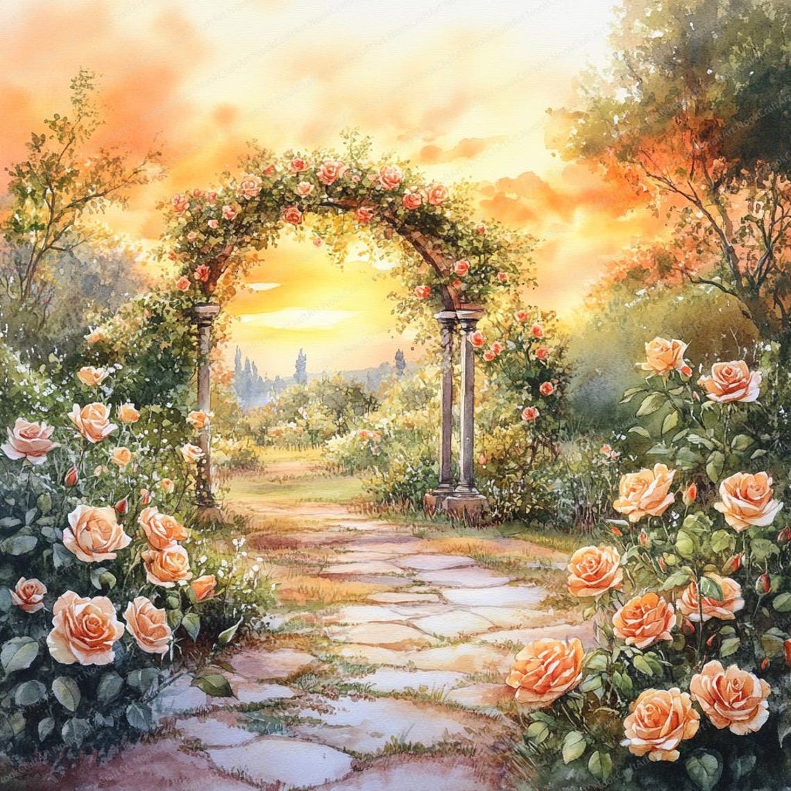 12 Rose Garden Clipart Garden at Sunset Printable Watercolor Clipart ...