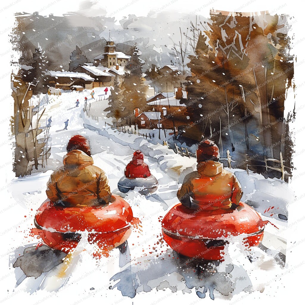 12 Cliparts Kids on Sleds Winter Clipart Printable Watercolor Clipart ...