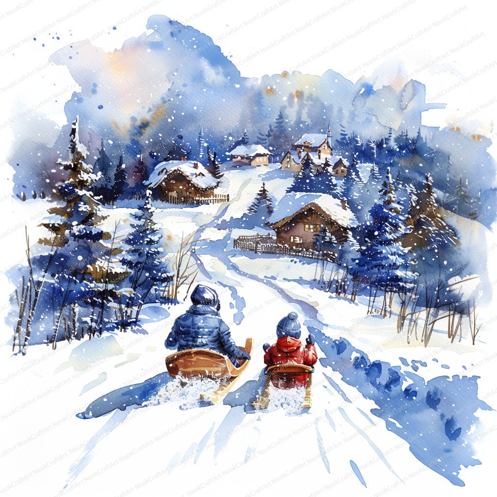 12 Cliparts Kids on Sleds Winter Clipart Printable Watercolor Clipart ...