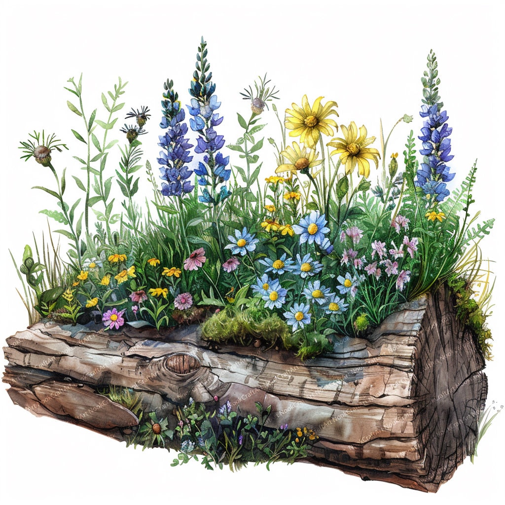 15 Flowers on a Log Clipart Flowers Printable Watercolor Clipart High ...