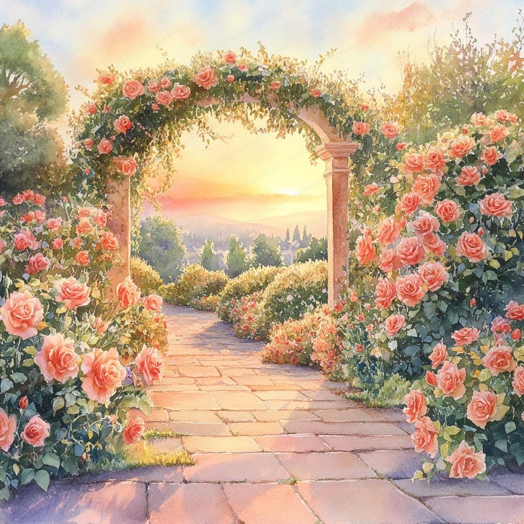 12 Rose Garden Clipart Garden at Sunset Printable Watercolor Clipart ...