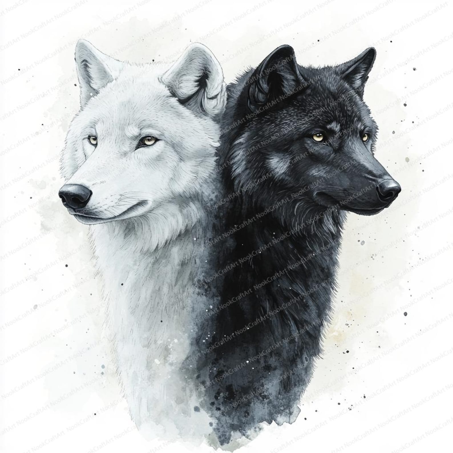 18 Wolf Duo Clipart | Black and White Wolves Art | Printable Watercolor ...