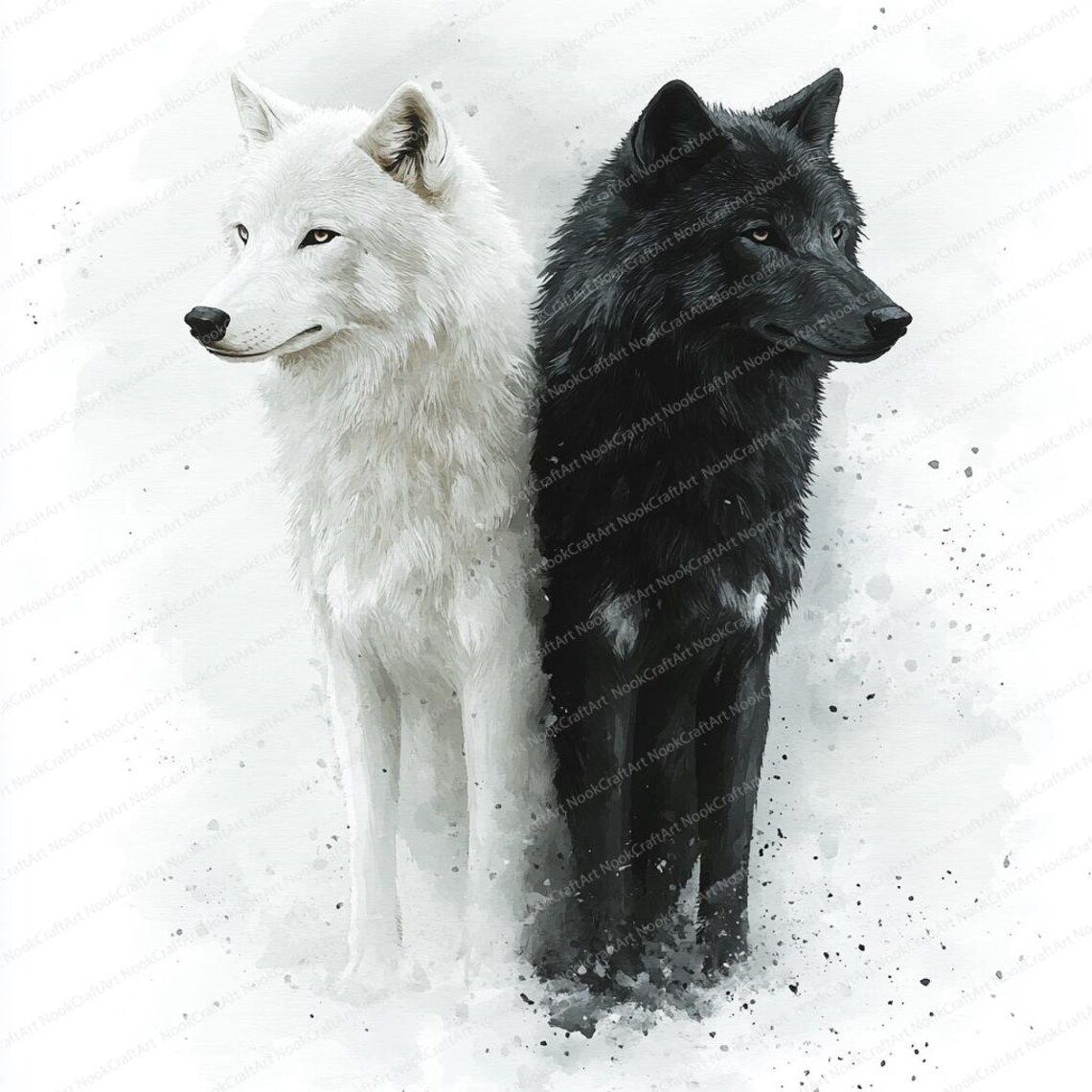 18 Wolf Duo Clipart | Black and White Wolves Art | Printable Watercolor ...