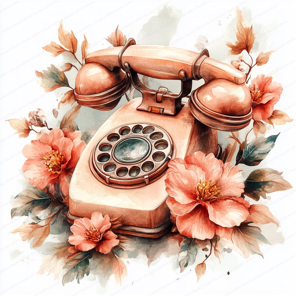 11 Vintage Telephone With Flowers Clipart Retro Phone Printable ...