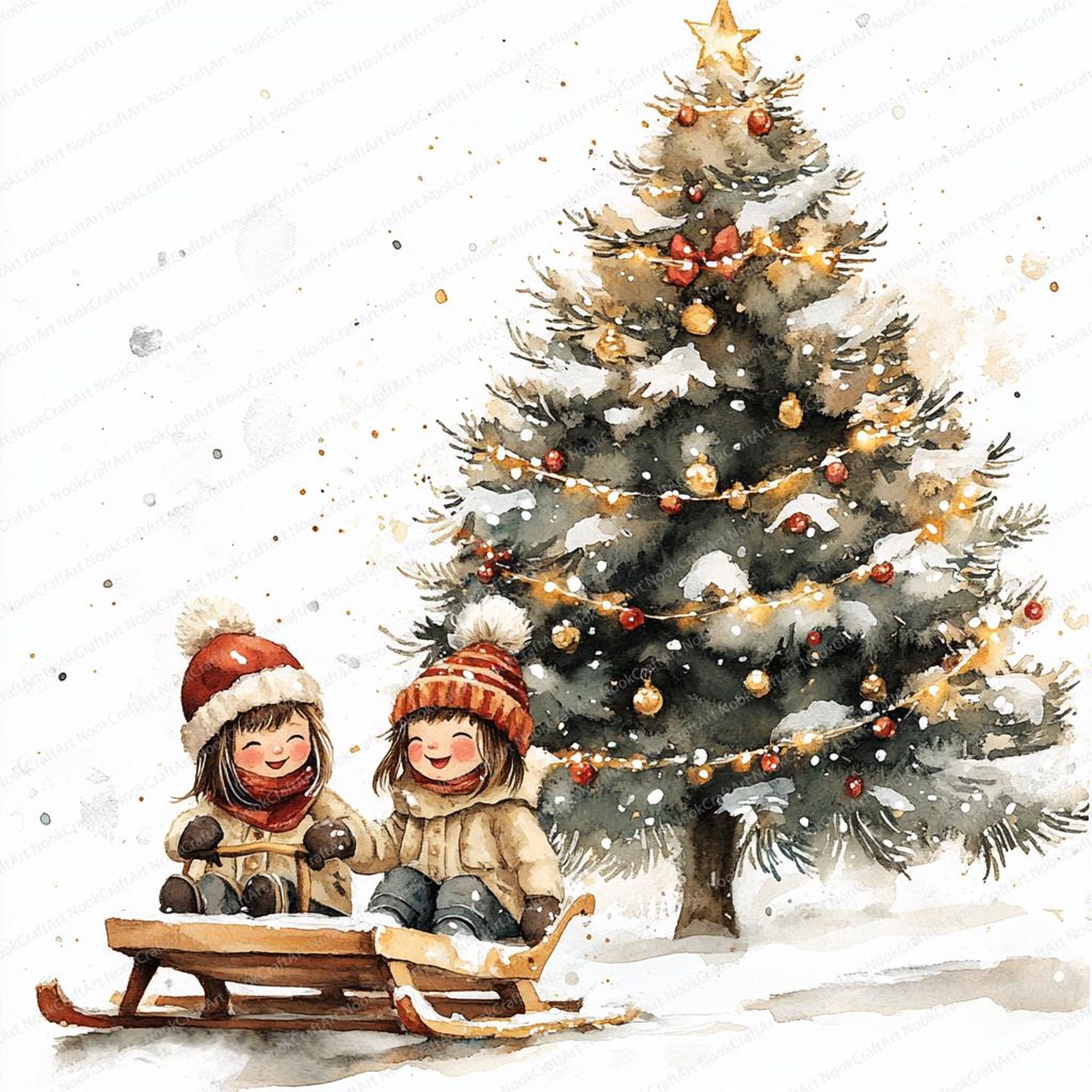 17 Winter Sledding Kids Clipart | Festive Christmas Tree Scene ...