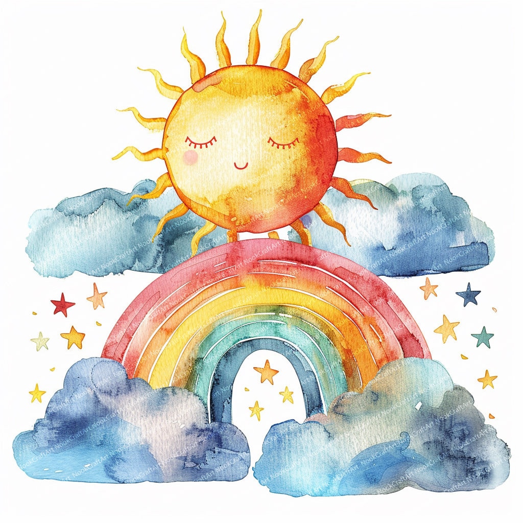 12 Sun and Rainbow Clipart Nursery Rainbow Printable Watercolor Clipart ...