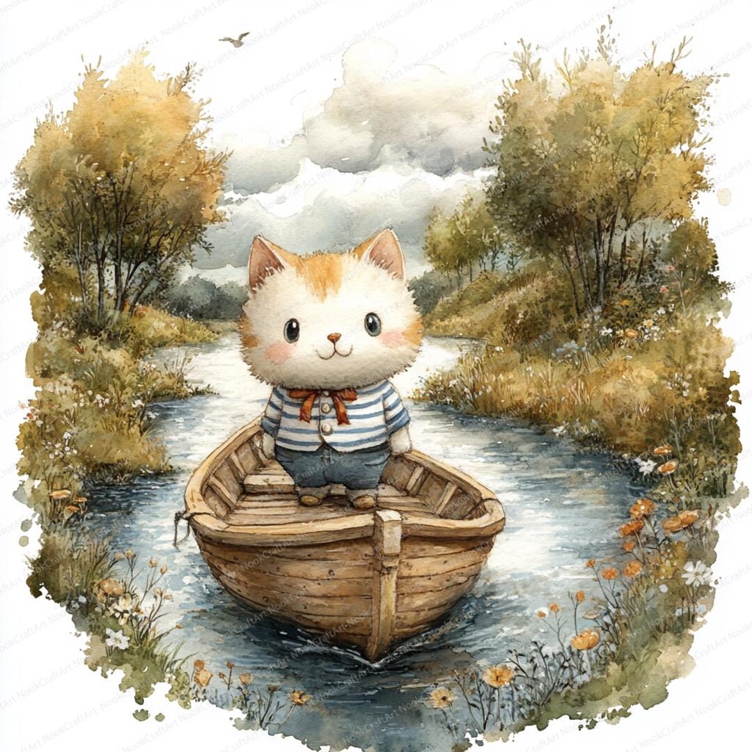 20 Sailor Cat River Adventure Clipart | Cute Feline on Boat ...