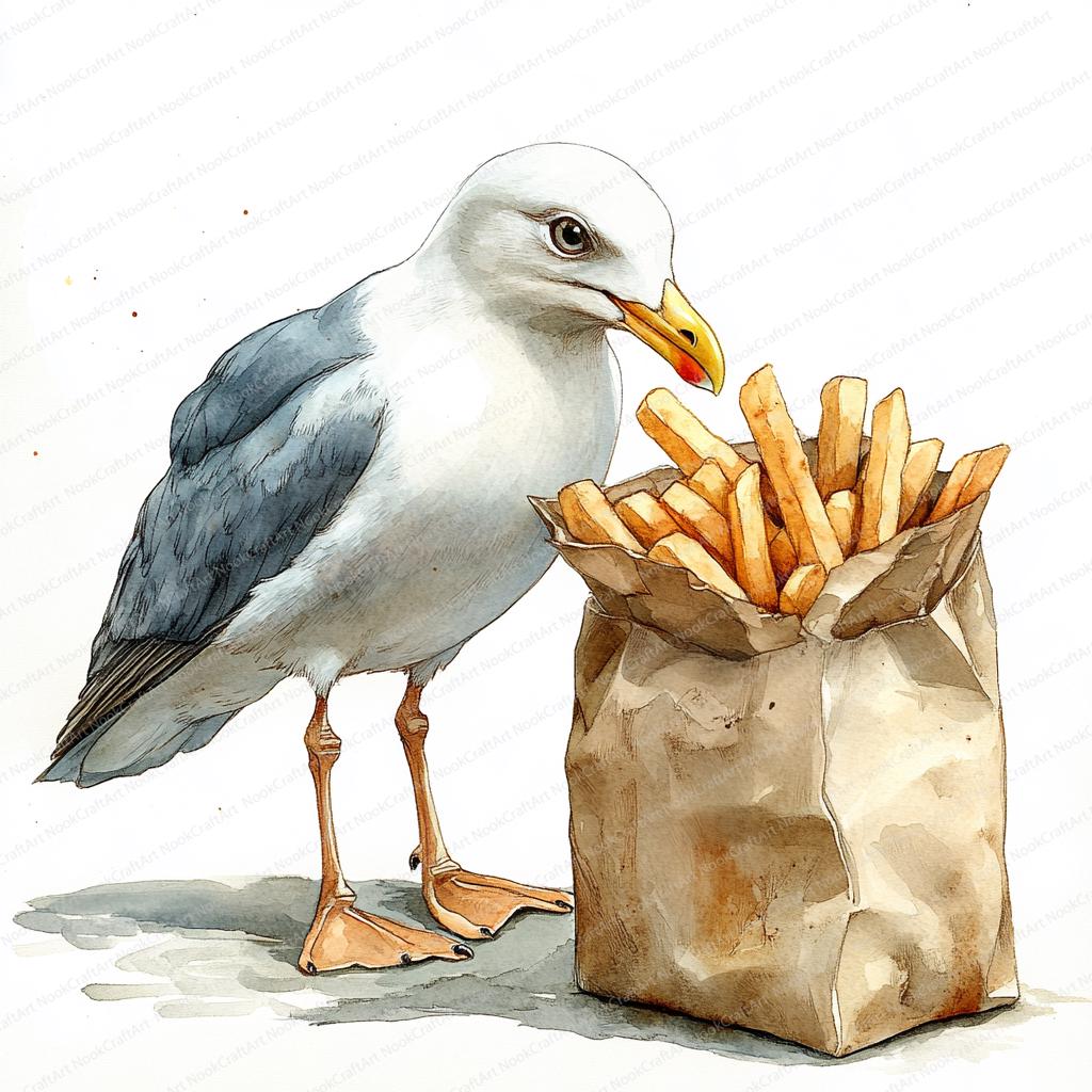 20 Seagull Stealing Fries Clipart | Fun Quirky Seaside Illustration ...