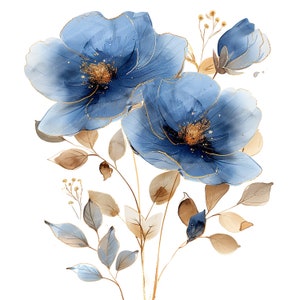 12 Abstract Flowers Clipart | Blue Gold Flower | Printable Watercolor ...