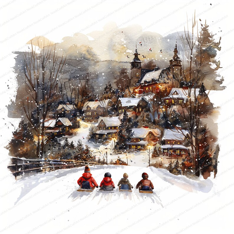 12 Cliparts Kids on Sleds Winter Clipart Printable Watercolor Clipart ...