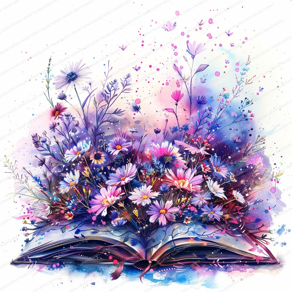 12 Floral Magical Books Clipart Open Book Clipart Printable Watercolor ...