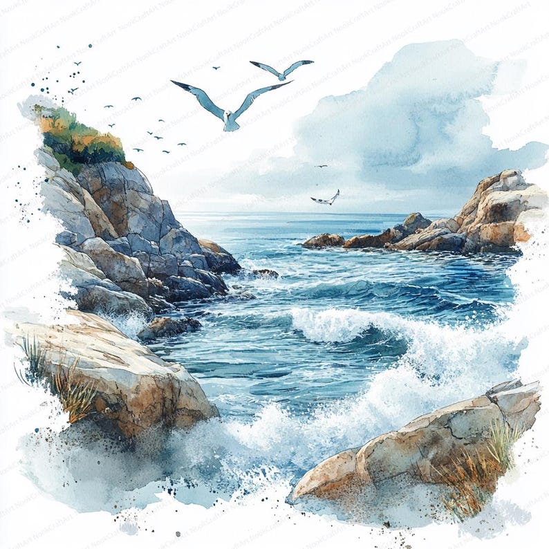 18 Seaside Cliffs Clipart | Majestic Gulls and Waves | Printable ...