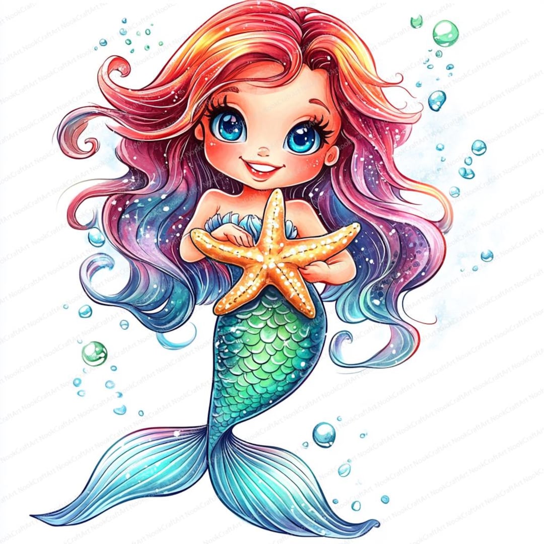 16 Cartoon Mermaid Clipart | Mermaid Girl Watercolor Art | Printable ...