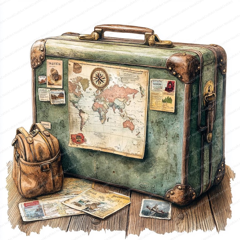 22 Vintage Travel Adventure Clipart | Suitcase With Map and Compass ...