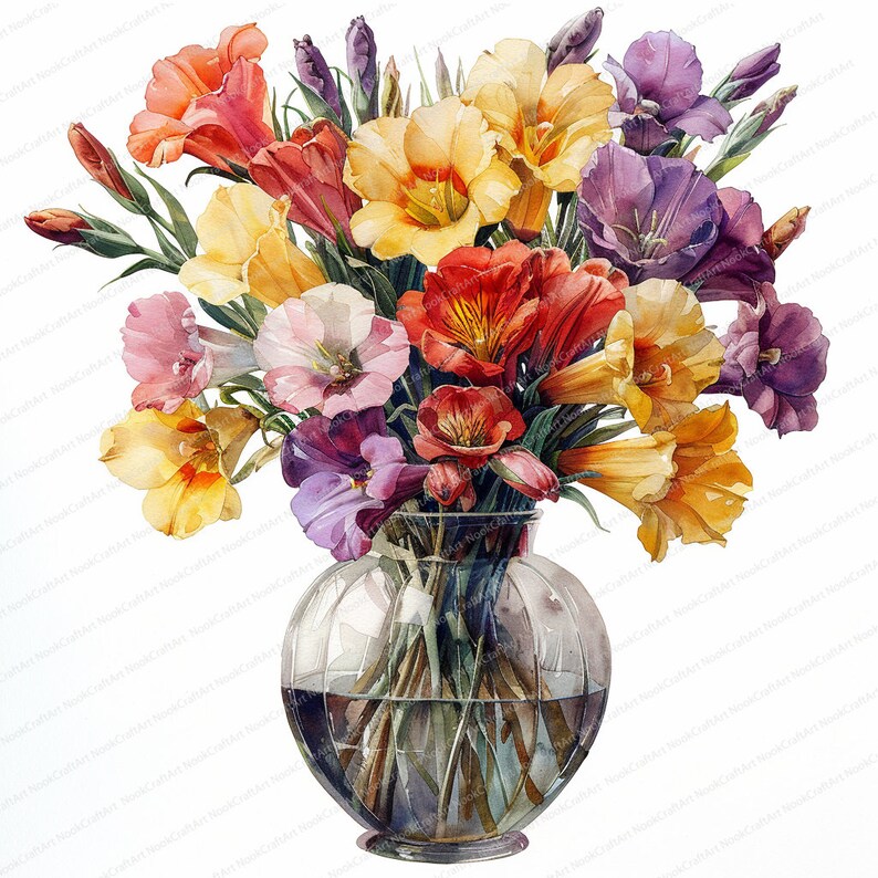 12 Flowers in Vase Clipart Summer Flower Bouquet Printable Watercolor ...