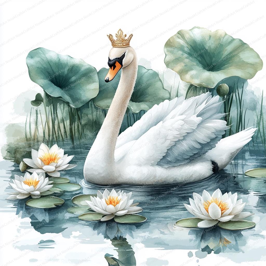 17 Swan Clipart With Golden Crown | Elegant Water Lily Pond ...
