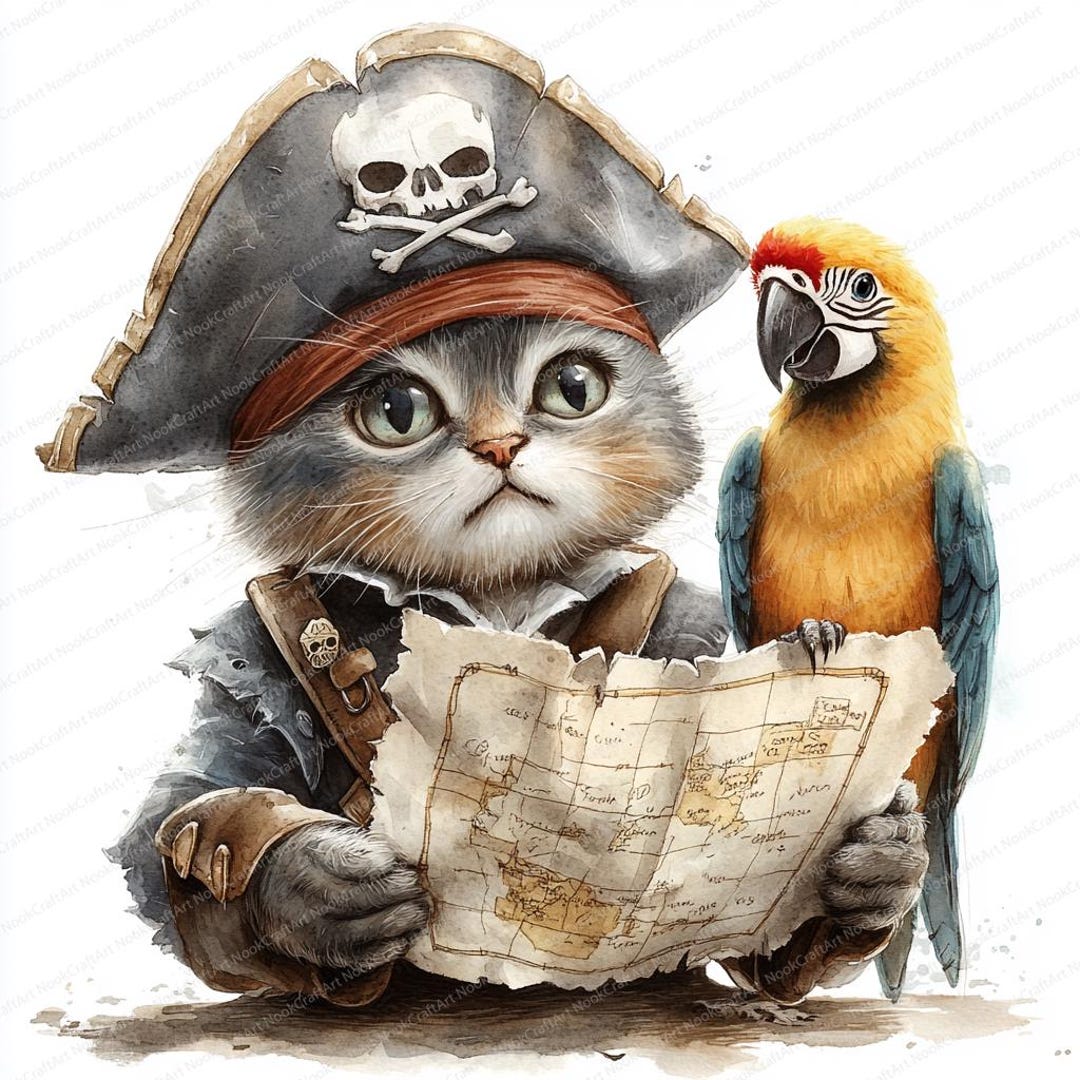 21 Pirate Cat Clipart With Parrot | Treasure Map Adventure Illustration ...