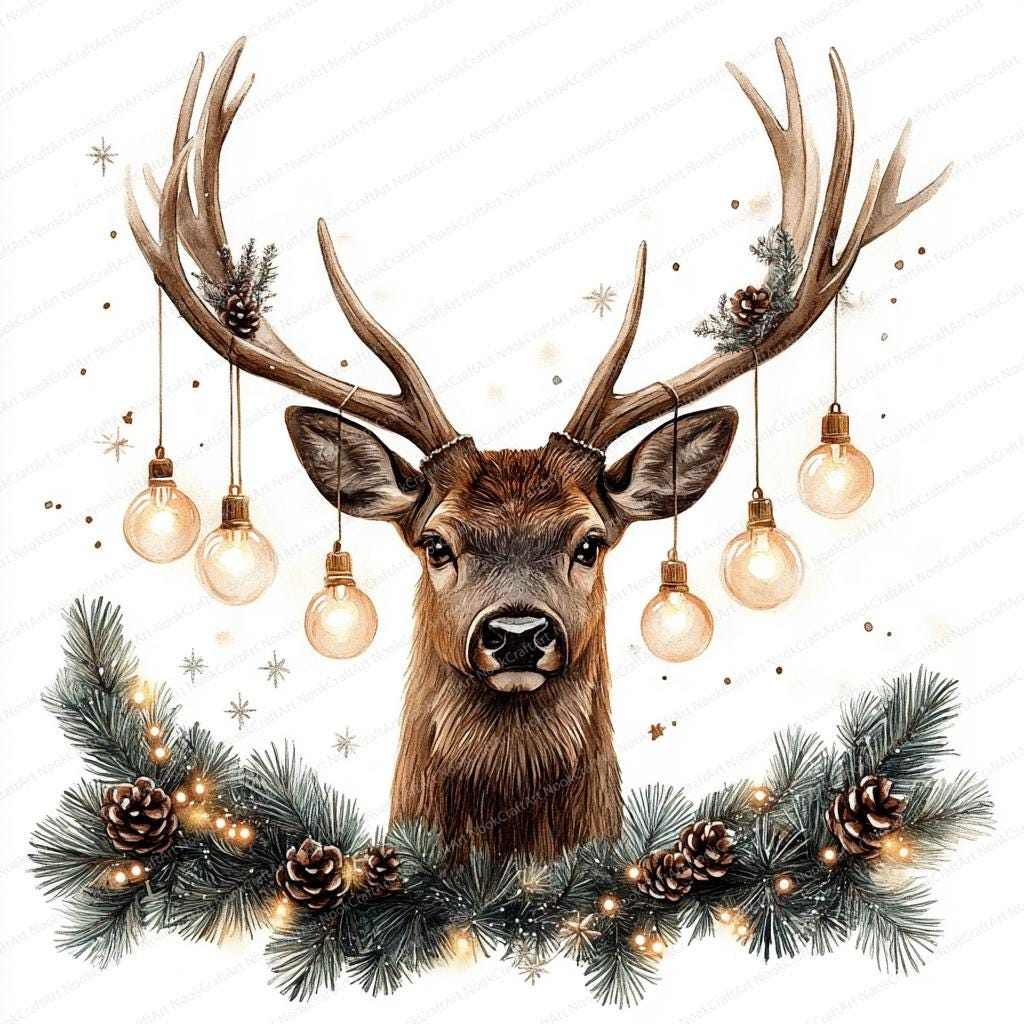 23 Deer Antlers Clipart With Garland Lights | Festive Christmas Decor ...