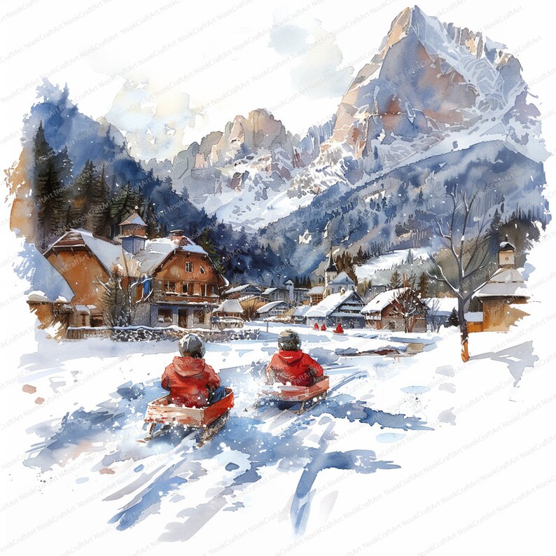 12 Cliparts Kids on Sleds Winter Clipart Printable Watercolor Clipart ...