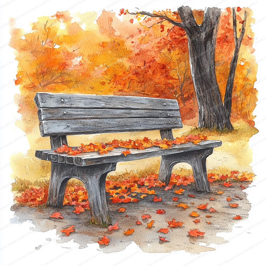 20 Autumn Park Bench Clipart | Rustic Foliage Covered Scene | Printable ...
