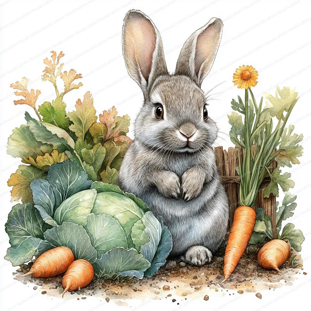Rabbit Garden Watercolor Clipart: Bunny With Carrots, Cabbage (JPG) - Etsy