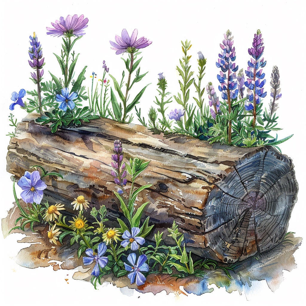 15 Flowers on a Log Clipart Flowers Printable Watercolor Clipart High ...