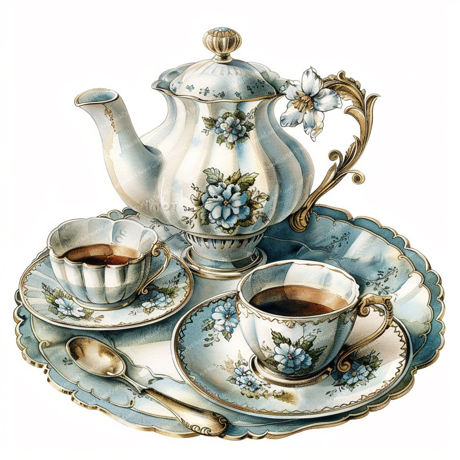 12 Tea Set Clipart Floral Tea Set Printable Watercolor Clipart High ...