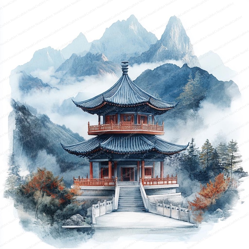 20 Mountain Pagoda Clipart | Chinese Landscape Illustration | Printable ...