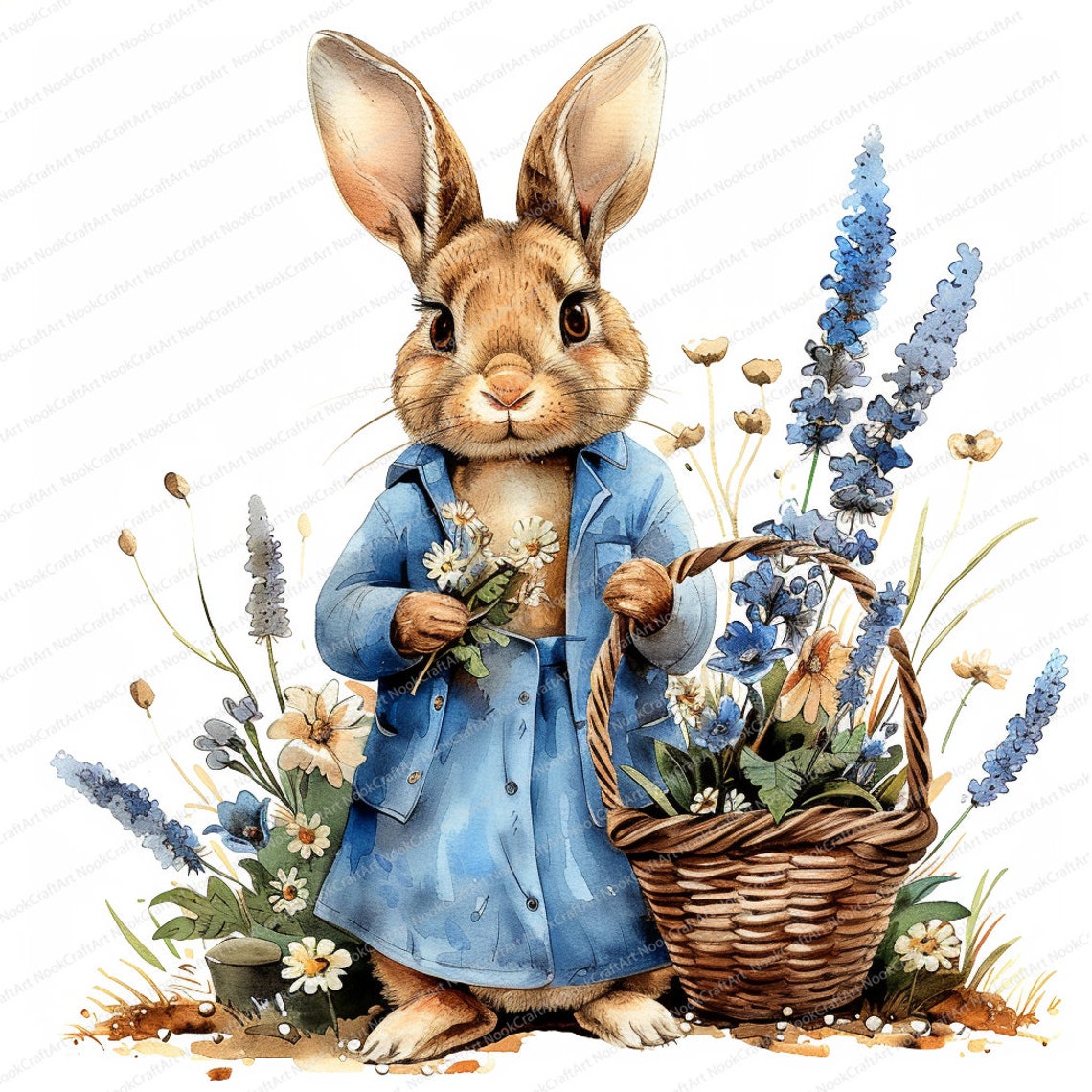 14 Spring Bunny Clipart Cute Bunny With Flowers Printable Watercolor ...