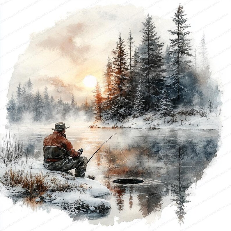 22 Frozen Lake Fishing Clipart | Winter Ice Fishing Scene | Printable ...