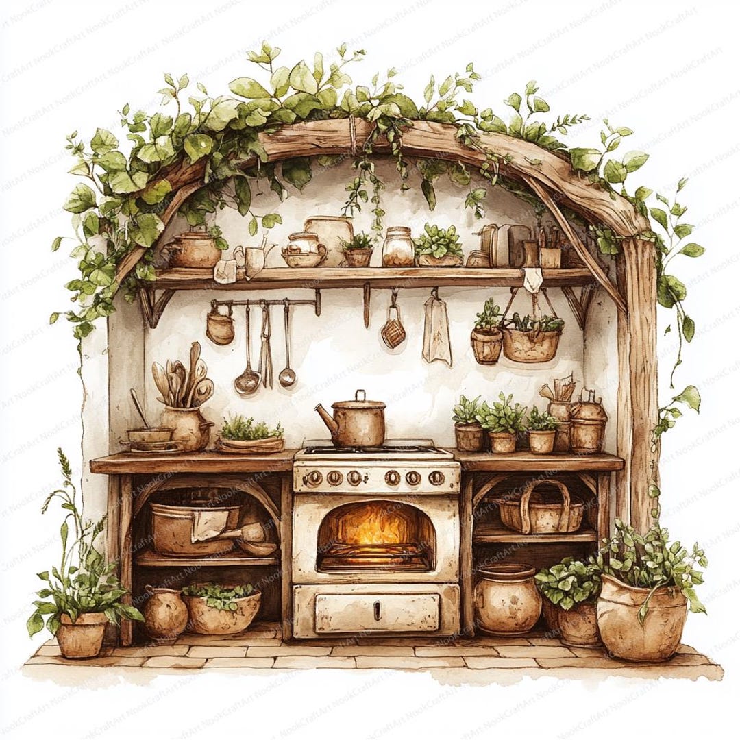 18 Whimsical Fairy Kitchen Clipart | Enchanted Fairy House Watercolor ...