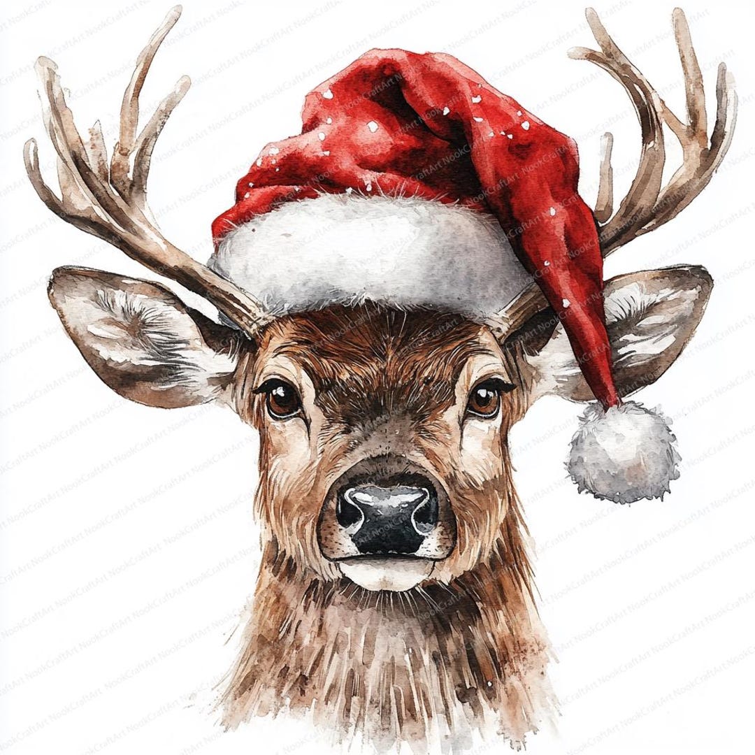 20 Deer With Santa Hat Clipart | Reindeer and Fawn | Watercolor Designs ...