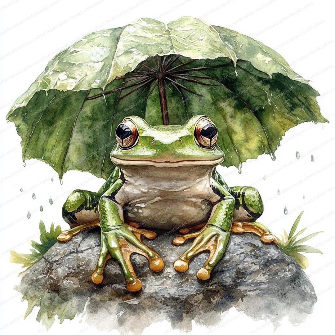 18 Frog With Leaf Umbrella Clipart | Whimsical Rainy Day Illustration ...