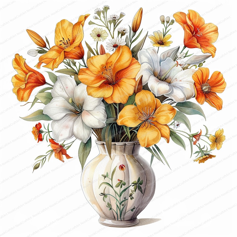 12 Flowers in Vase Clipart Summer Flower Bouquet Printable Watercolor ...