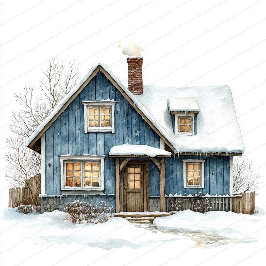 22 Scandinavian Winter House Clipart | Cozy Snowfall Scene Design ...