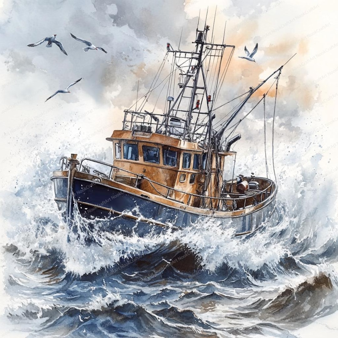 20 Fishing Trawlers Clipart Colorful Fishing Boats Illustrations Printable Watercolor Clipart ...