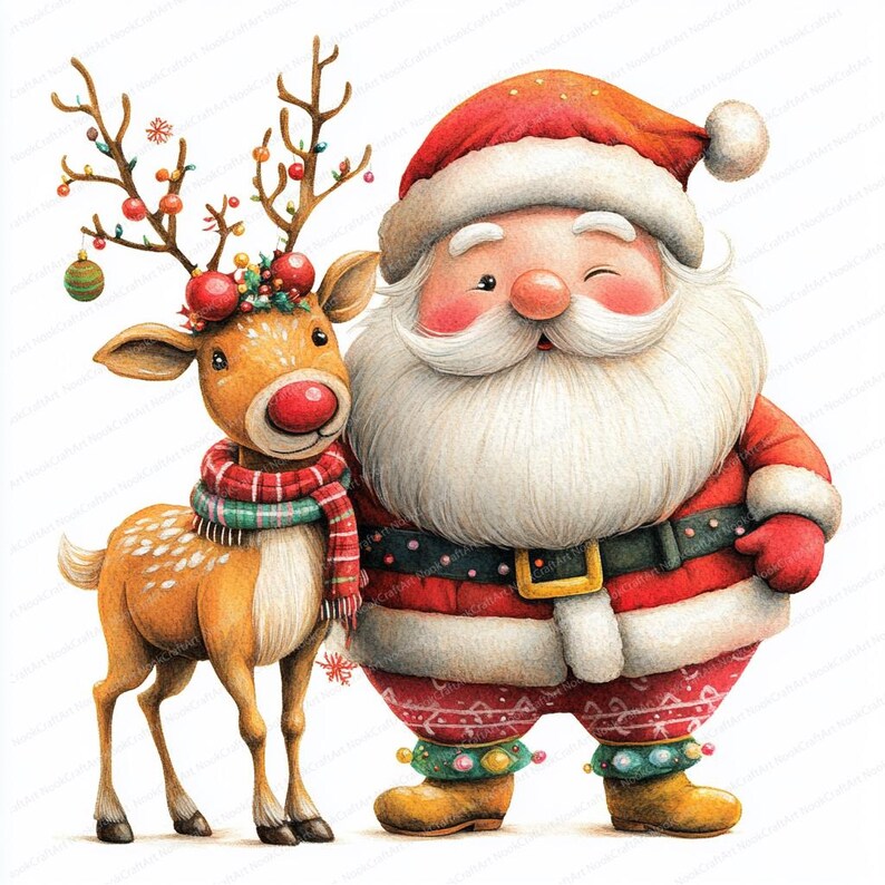 16 Quirky Christmas Santa With Reindeer Clipart | Whimsical Holiday ...